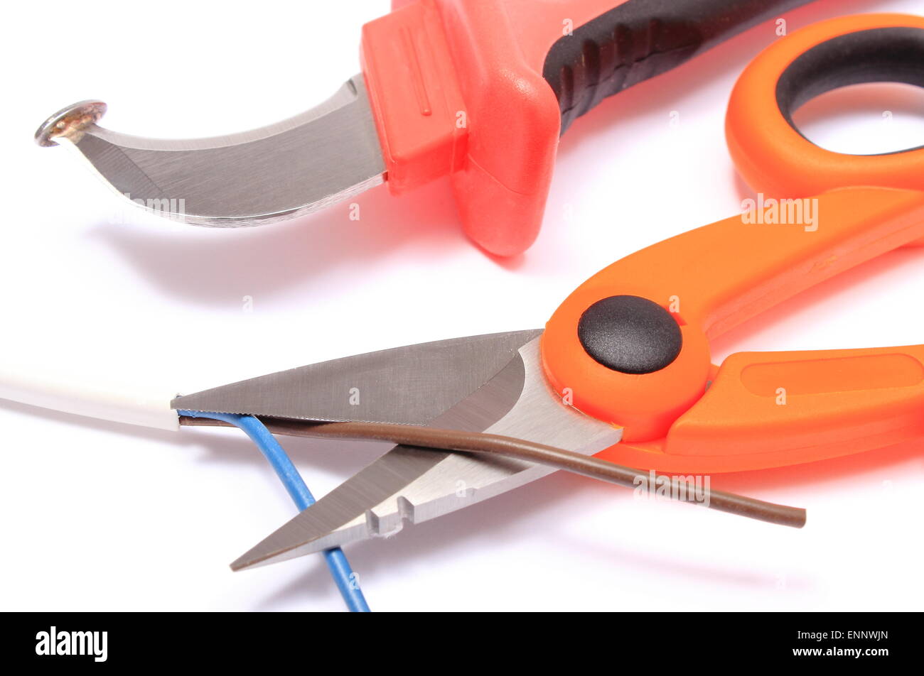 Cable cutter and electric wire on white background, accessories for ...