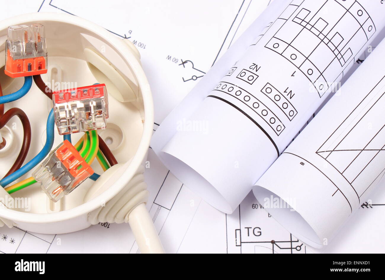 Copper wire connections in electrical box and rolls of electrical ...