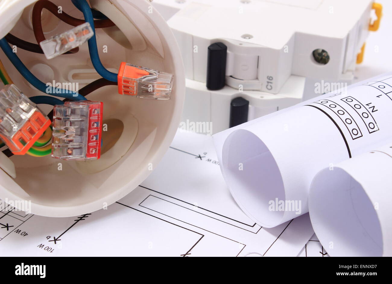 Copper wire connections in electrical box, rolls of electrical diagrams ...