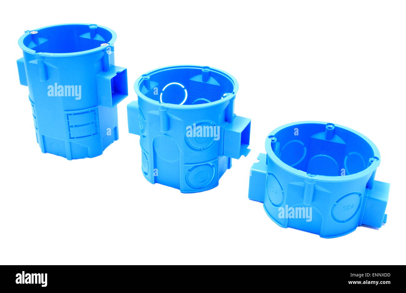 Blue plastic electrical boxes on white background, junction boxes ...