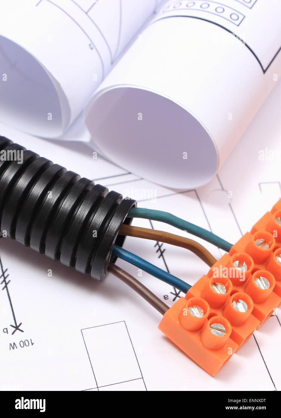 Corrugated pipe, electrical cable with connection cube and rolls of ...