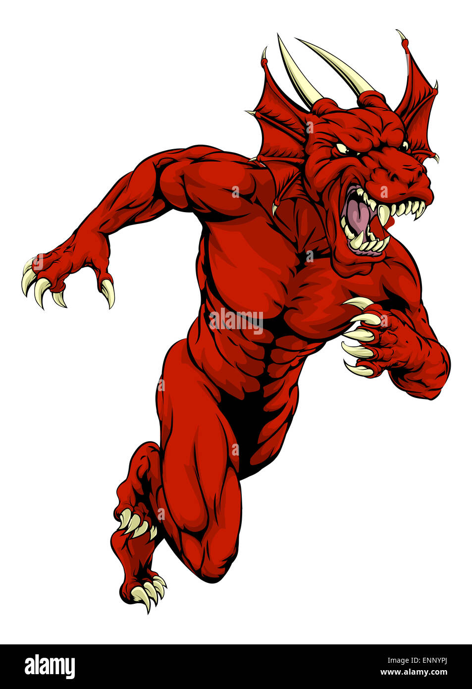 An aggressive muscular red dragon sports mascot character charging ...
