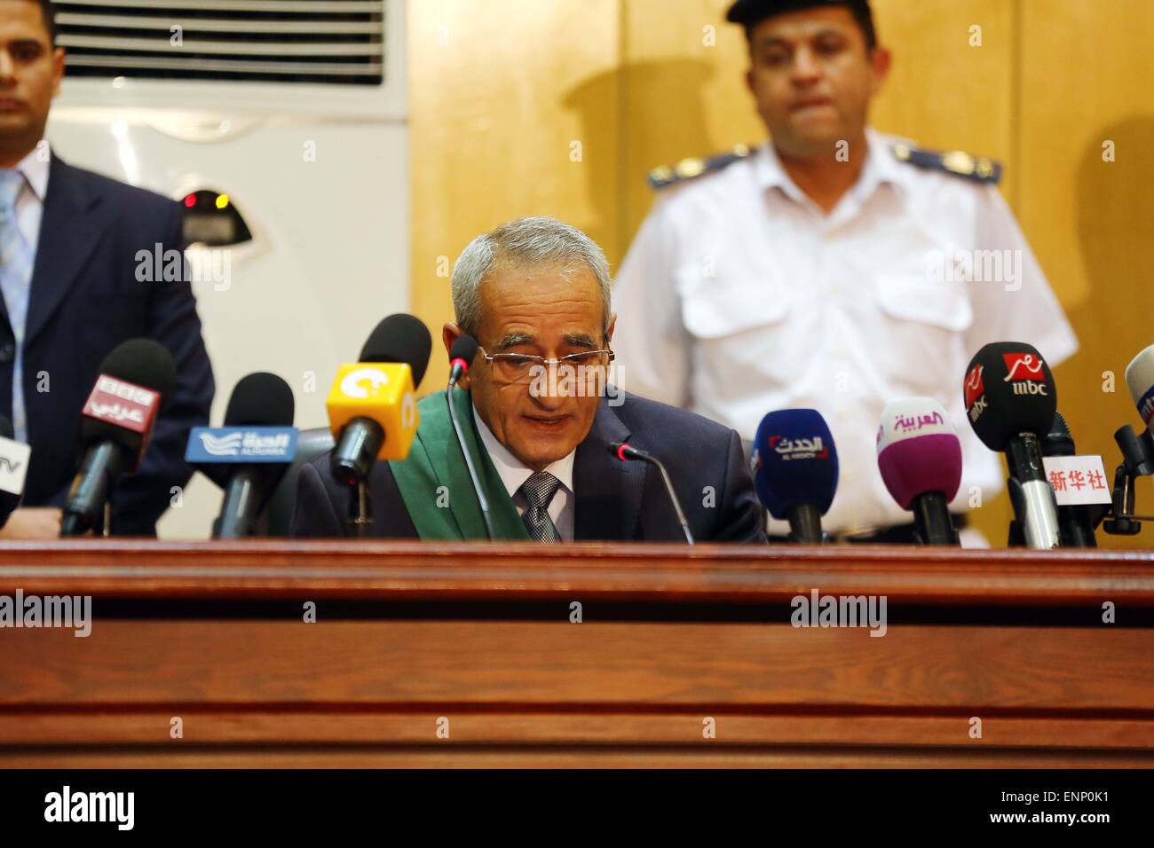 Cairo. 9th May, 2015. Egyptian Judge Hassan Hassanin speaks to media ...