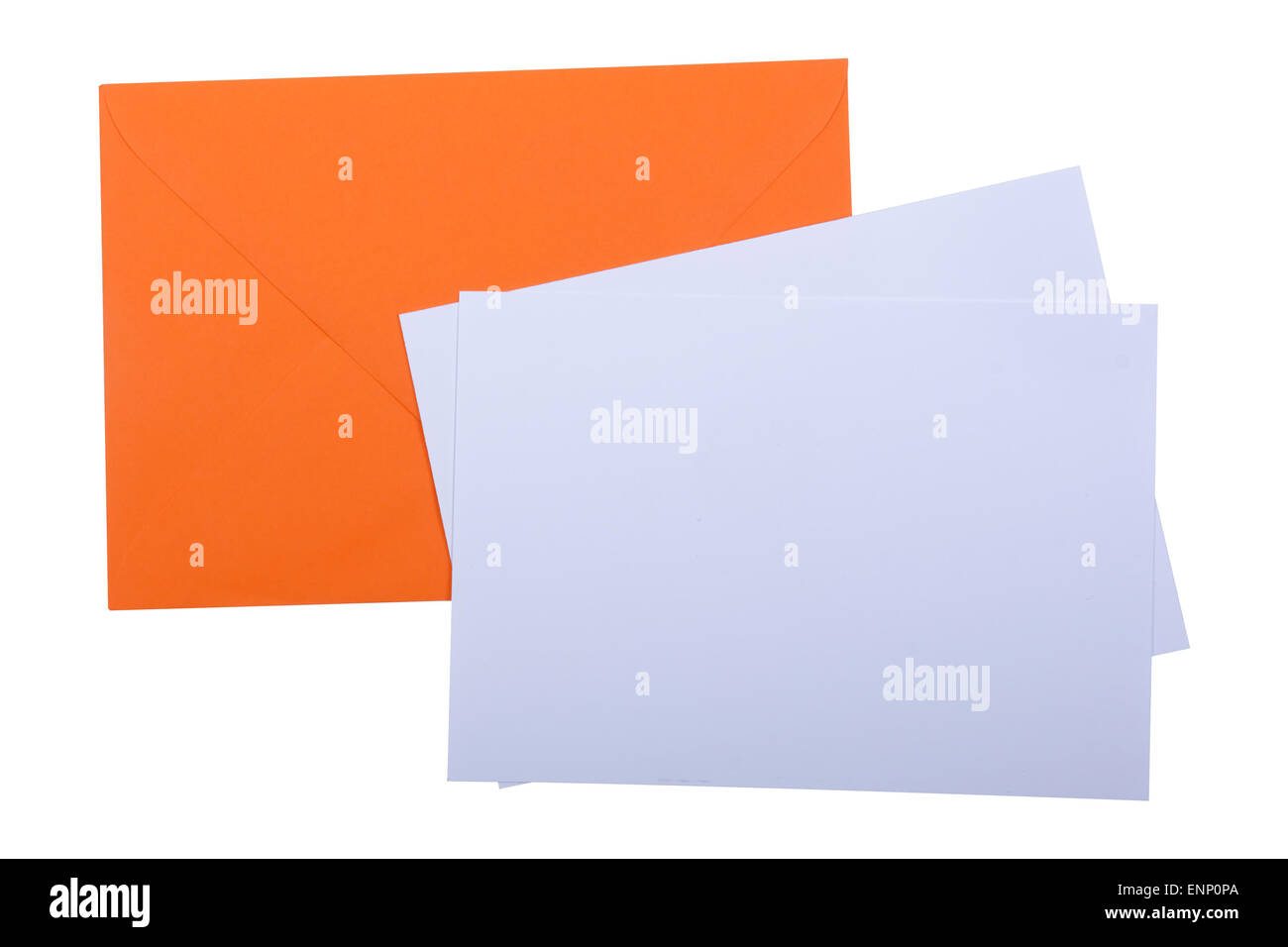 Orange envelope with white papers on white background Stock Photo - Alamy