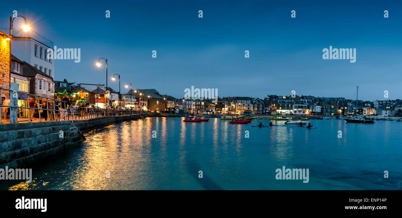 St Ives Harbour, Cornwall by night, a blue hour shot with boats in the ...