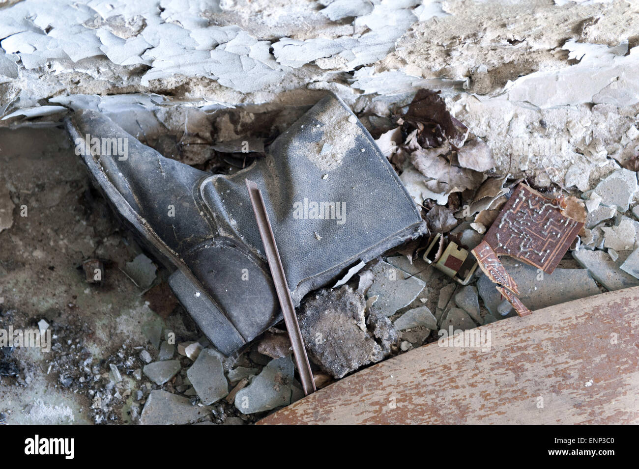 Chernobyl, Ukraine. 23rd Apr, 2015. A boot in the abandoned city ...