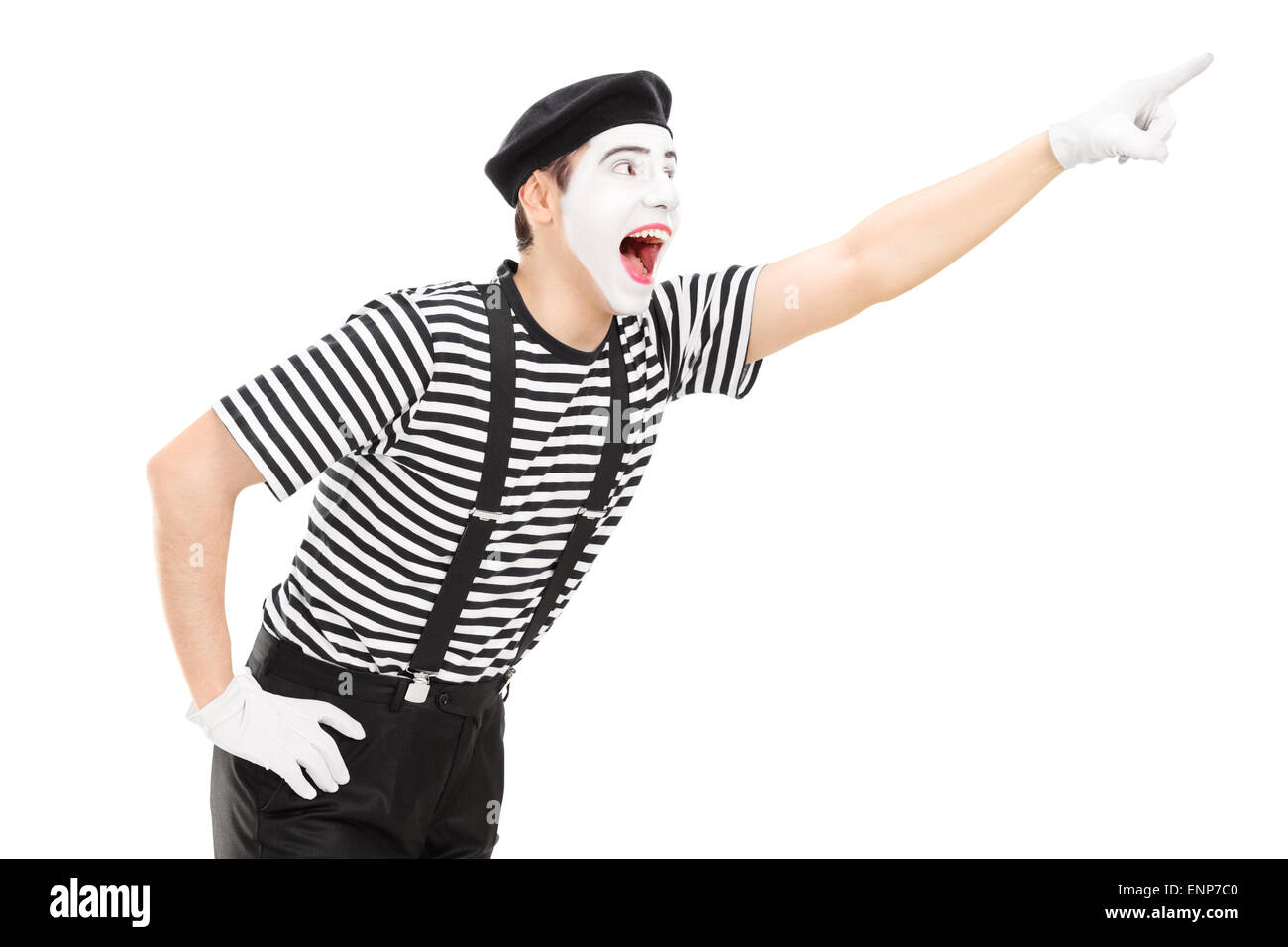 Mime artist pointing up with his hand isolated on white background ...