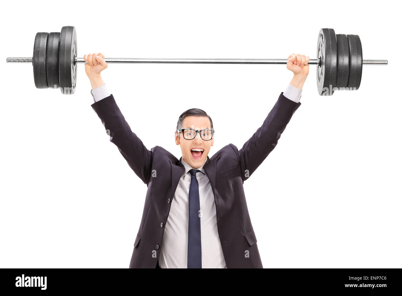 Strong businessman lifting a heavy weight isolated on white background ...