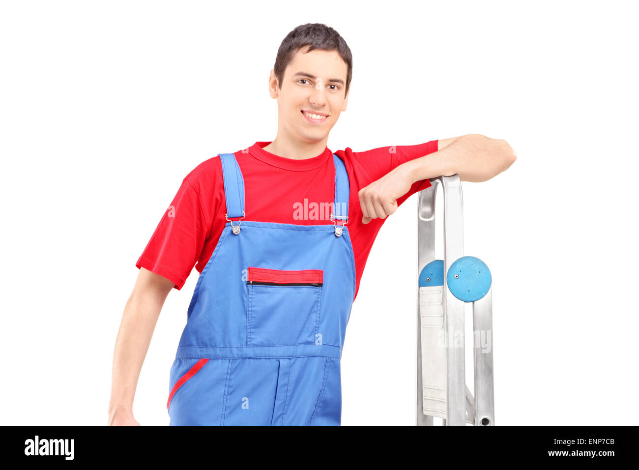 Worker leaning against ladder isolated on white background Stock Photo ...
