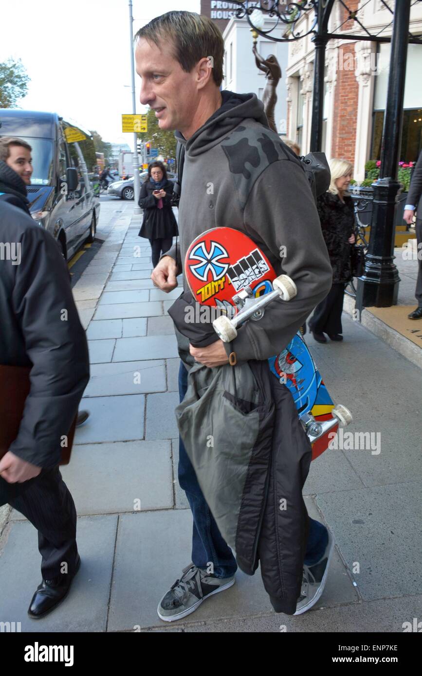 Professional skateboarder Tony Hawk leaving The Shelbourne hotel in ...
