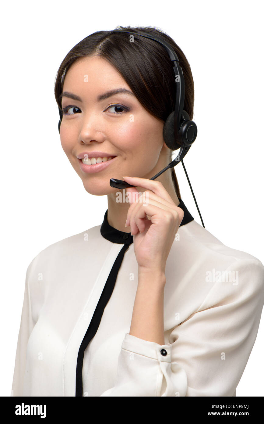 Asian call center female operator using headphones Stock Photo - Alamy