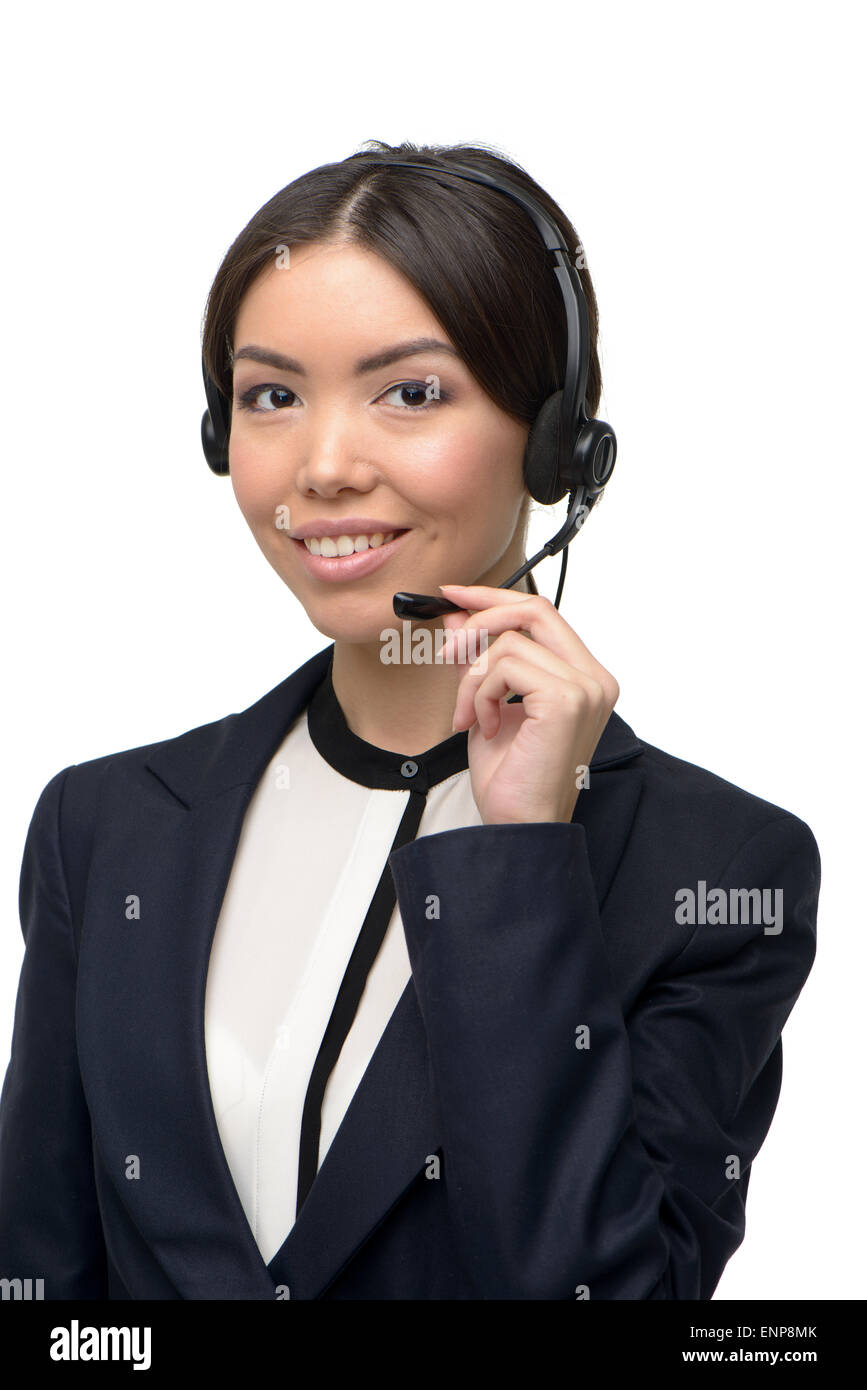 Asian call center female operator with headphones Stock Photo - Alamy