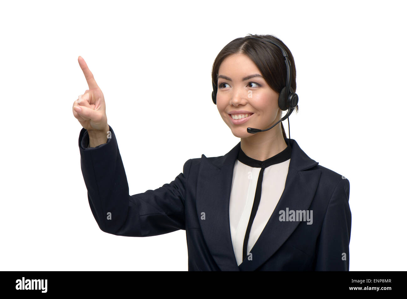 Asian call center female operator pointing at something Stock Photo - Alamy