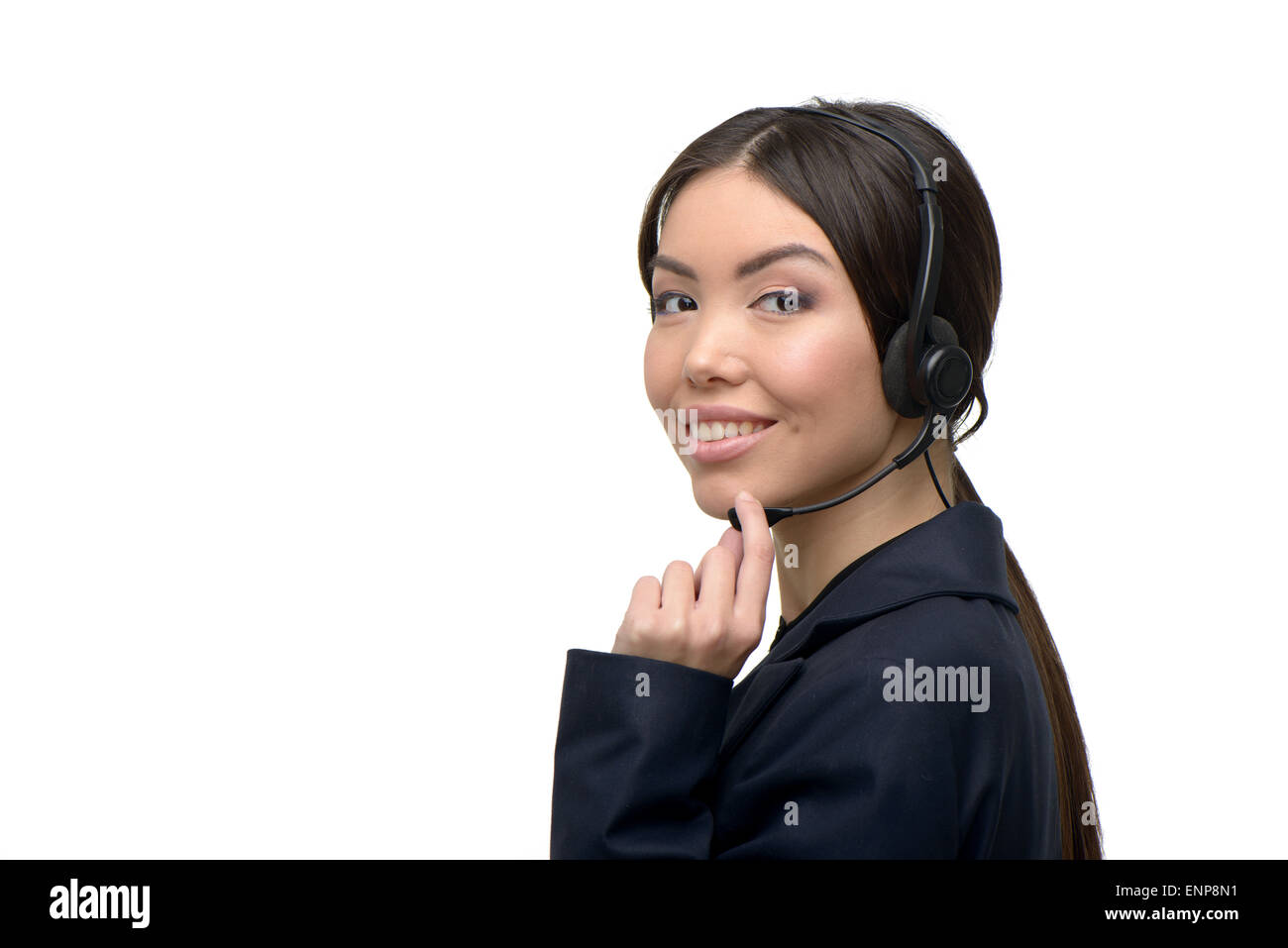 Asian call center female operator smiling Stock Photo - Alamy