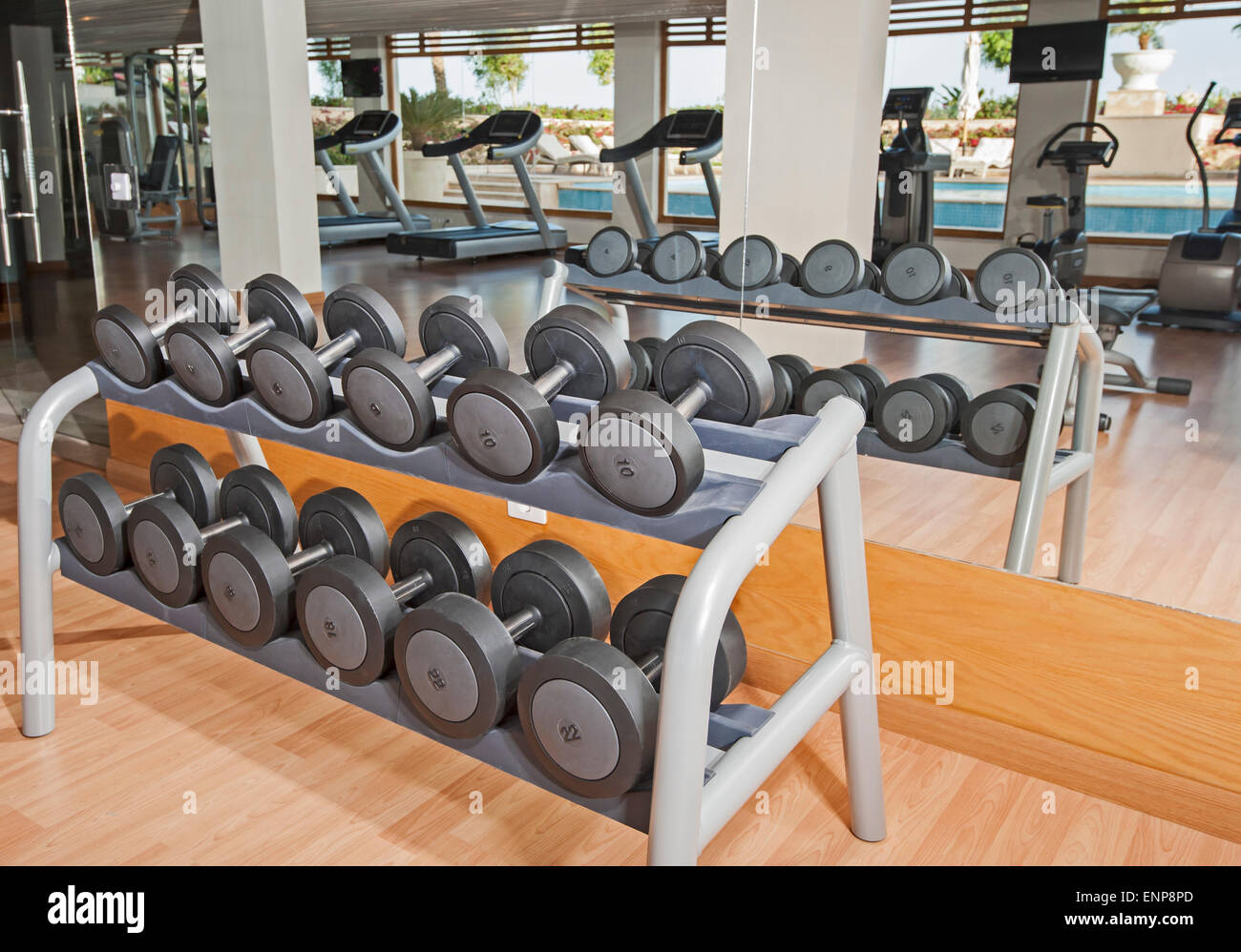 Row of dumbell weights on a rack in luxury health center gym Stock ...