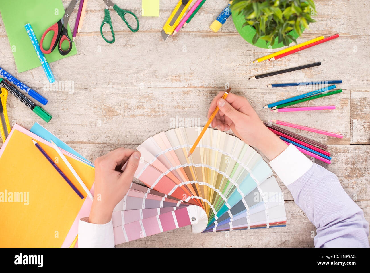 Nice top view photo of objects and man hands Stock Photo - Alamy