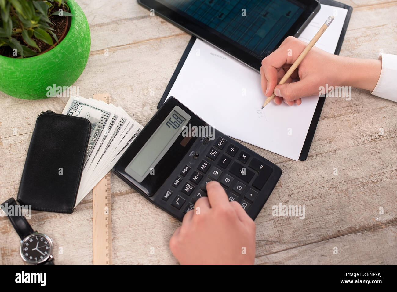 Nice top view photo of objects and man hands Stock Photo - Alamy