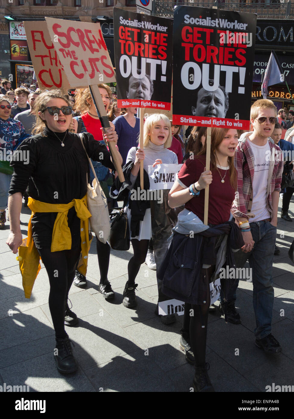 London, UK. 9 May 2015. Pictured: Protesters in Leicester Square ...