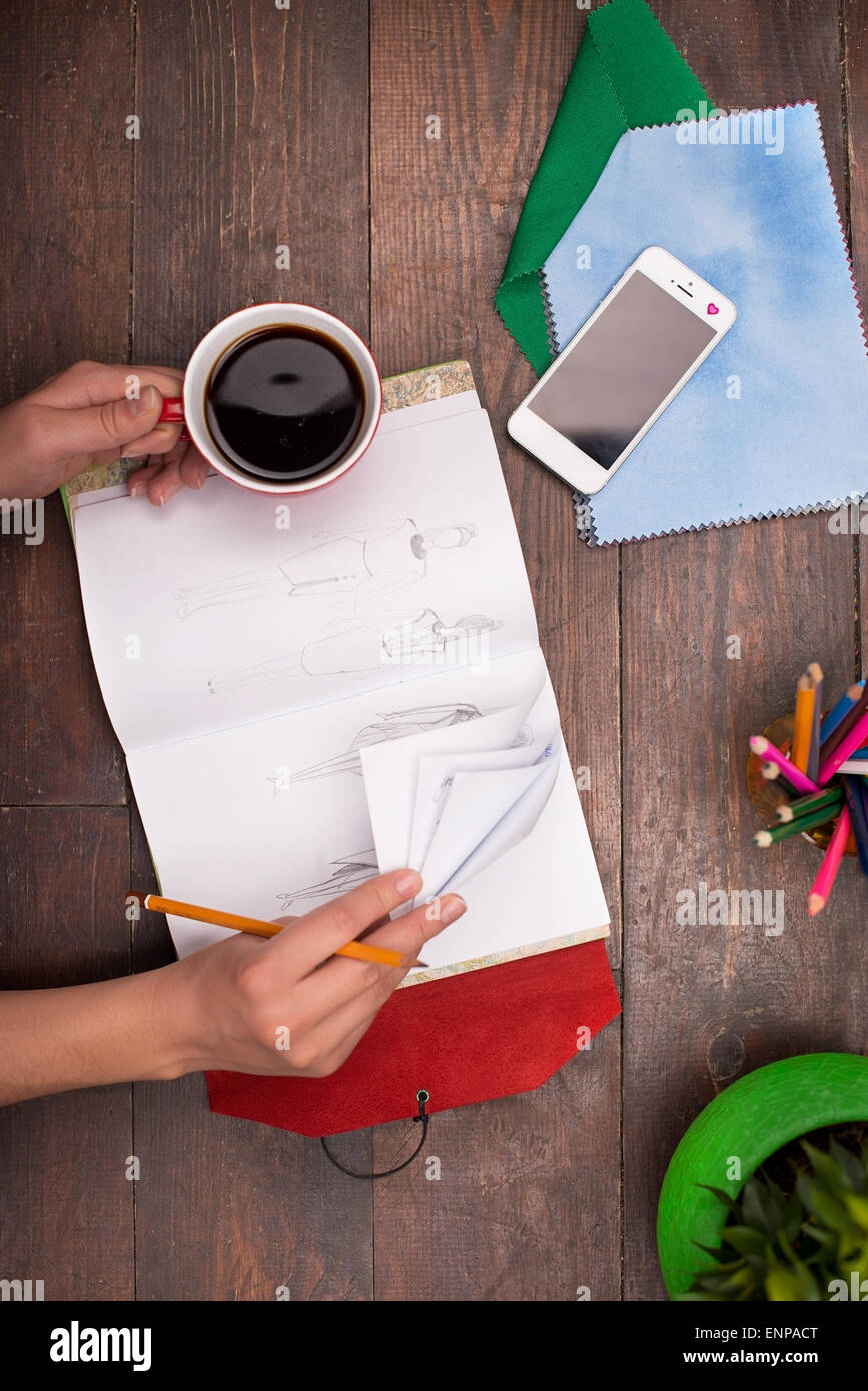 Nice top view photo of objects and woman hands Stock Photo - Alamy