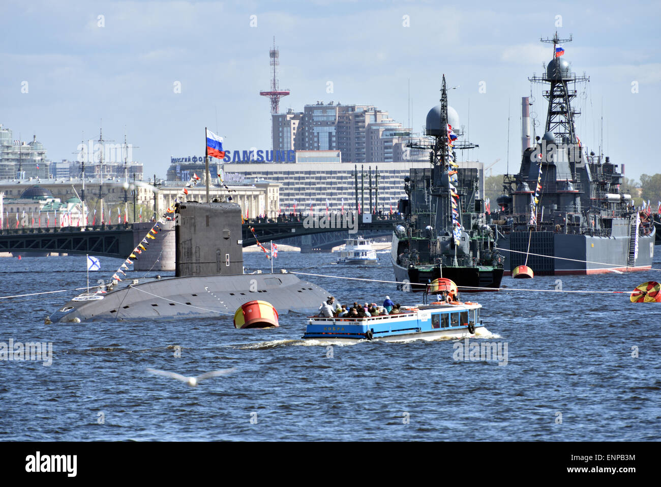 St. Petersburg, Russia, 9th May, 2015. Submarine B-227 "Vyborg", small ...