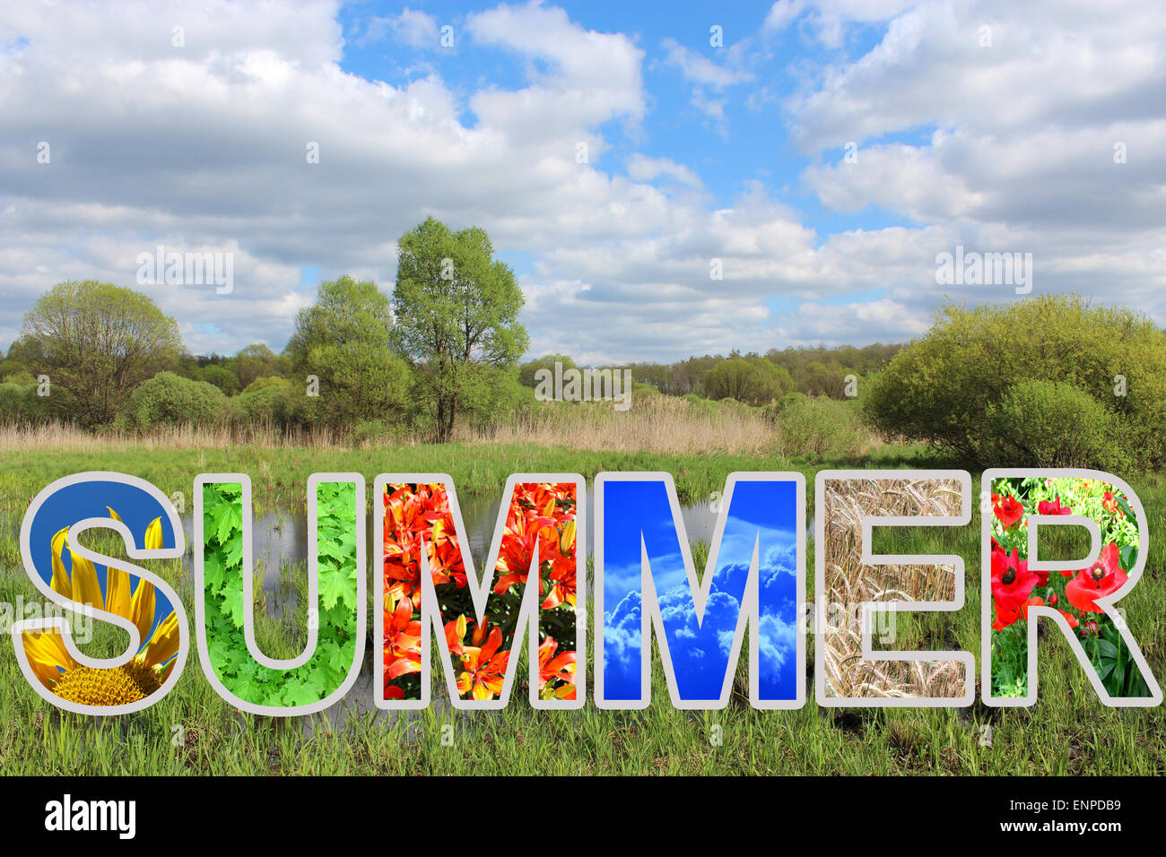 word summer by different letters and beautiful landscape Stock Photo ...