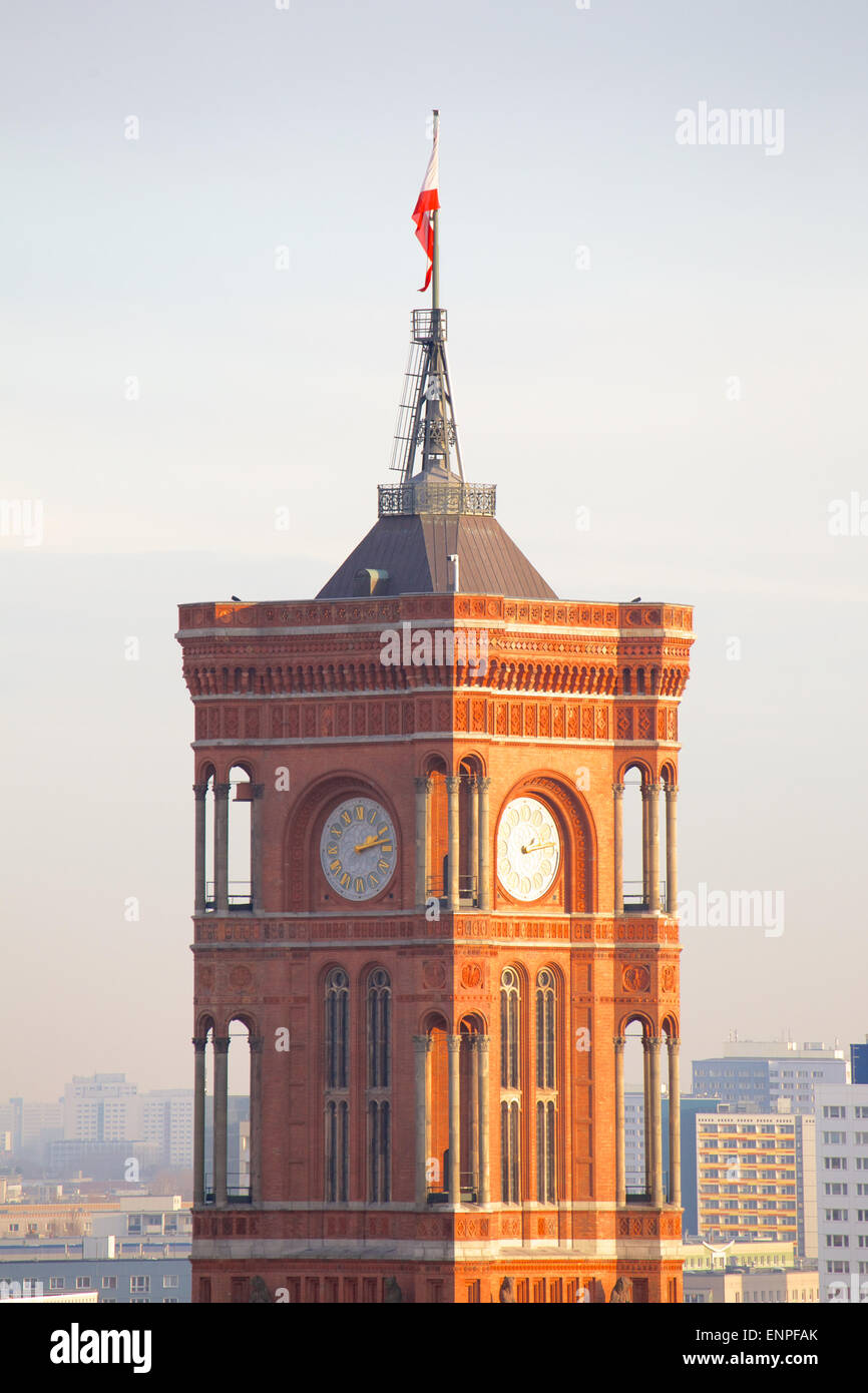 Close-up of the tower of the Rote Rathaus (red city hall), seat of the ...
