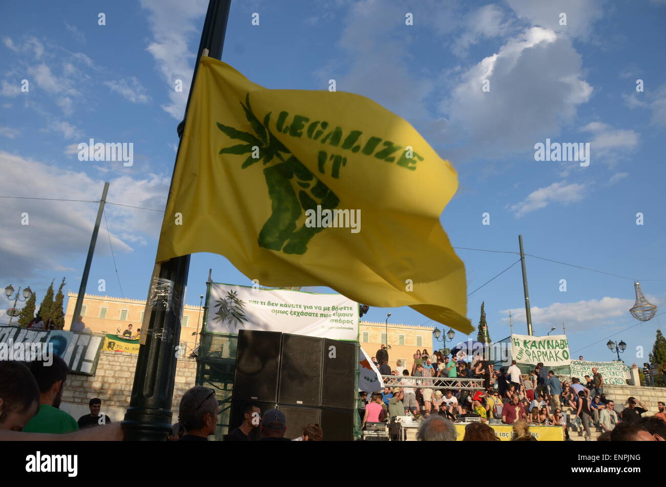 Athens, Greece. 09th May, 2015. A yellow flag with the phrase 'Legalize ...