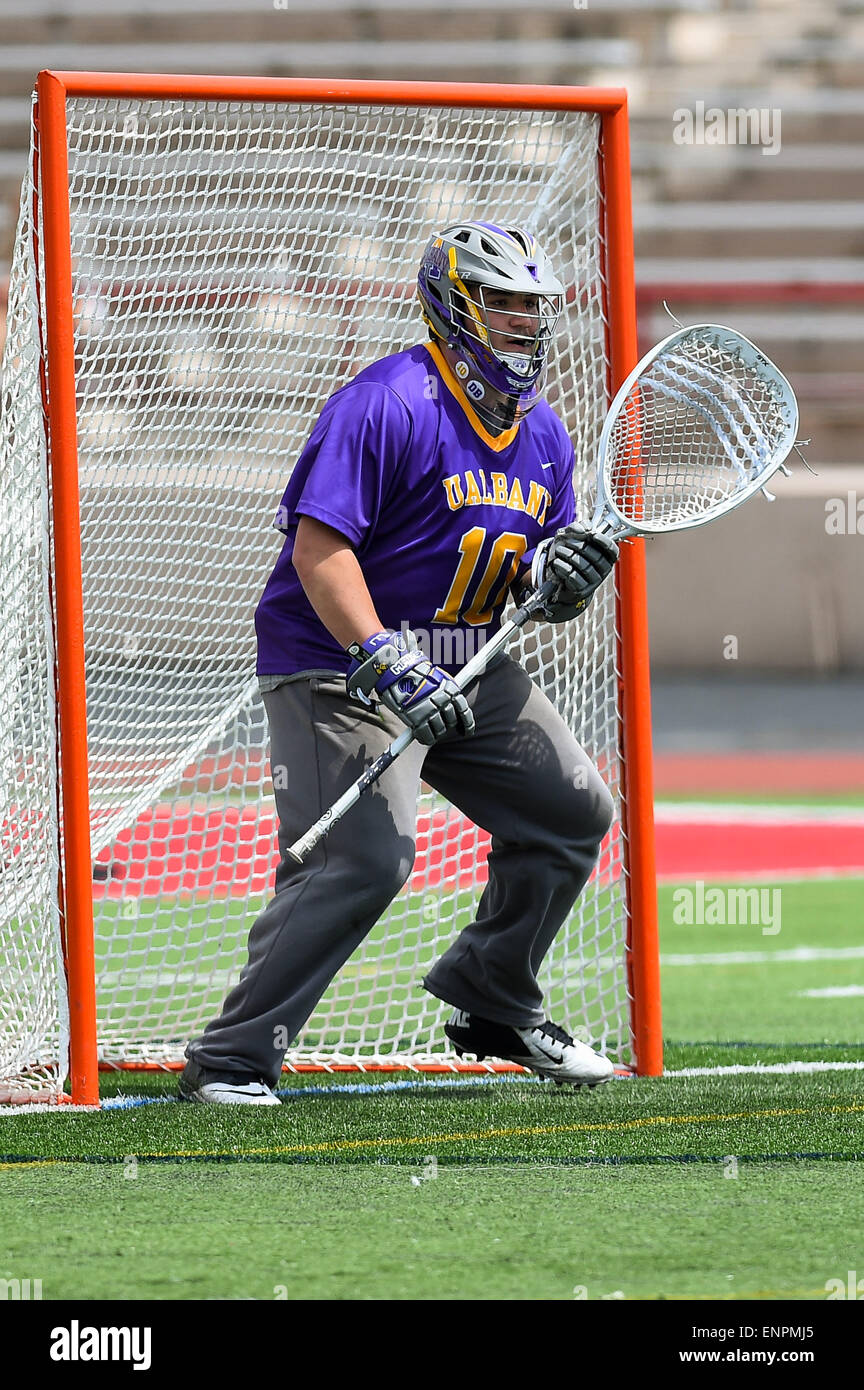 Ithaca, New York, USA. 9th May, 2015. Albany Great Danes goalie Blaze ...