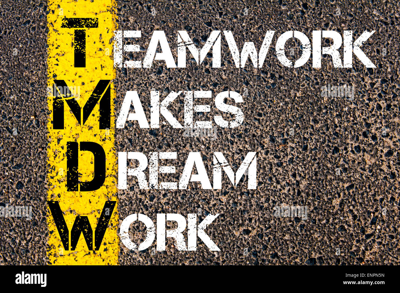 Teamwork makes dream work motivational quote. Yellow paint line on the ...