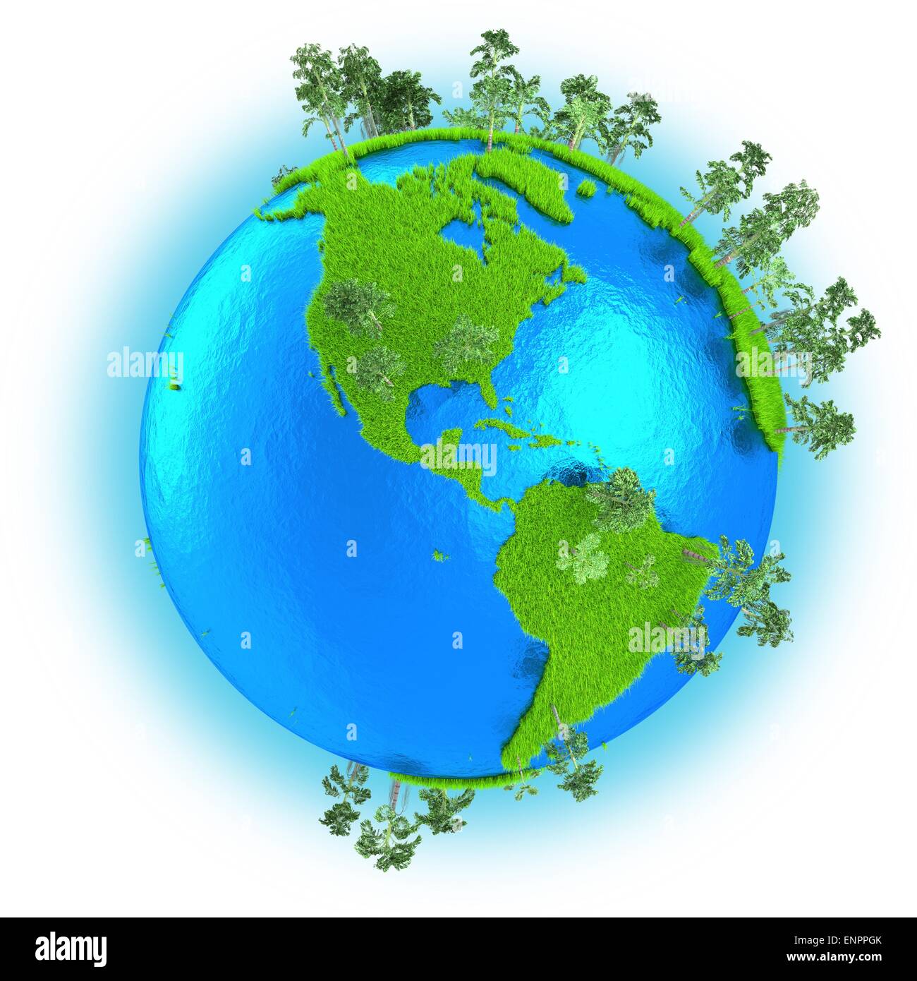 Americas on grassy planet Earth with trees isolated on white background ...