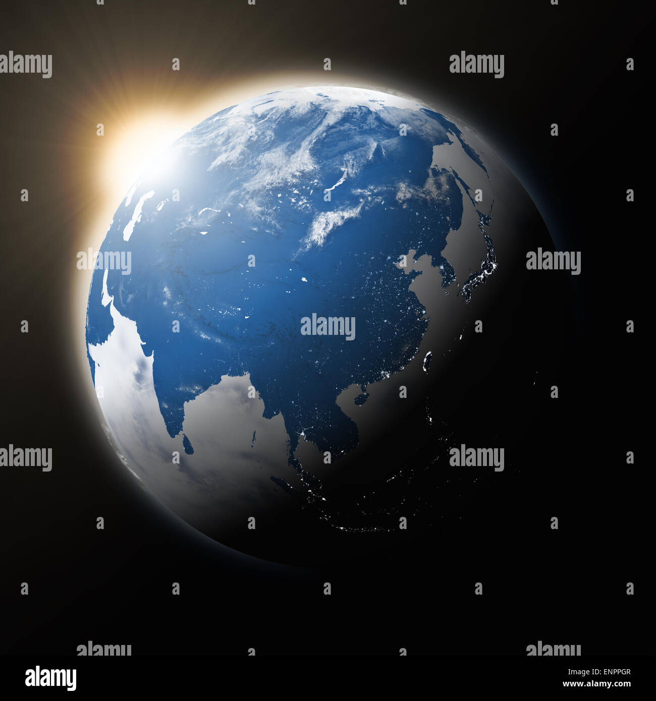 Sun over Southeast Asia on blue planet Earth isolated on black ...