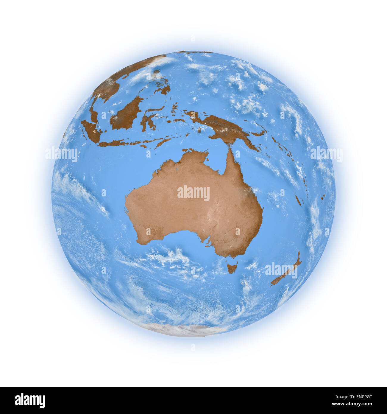 Australia on blue planet Earth isolated on white background. Highly ...