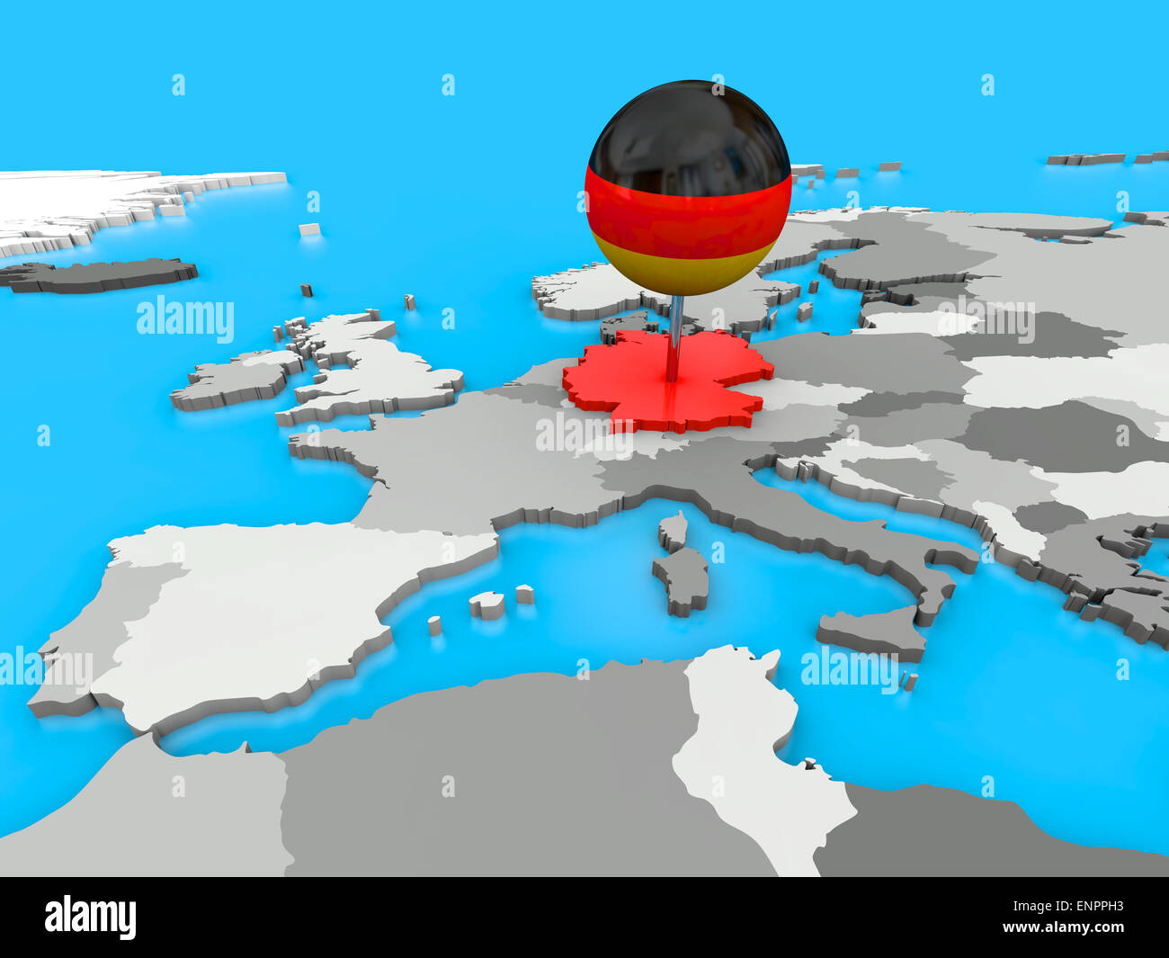 Red Germany pinned to the map of Europe with a big push pin coloured as ...