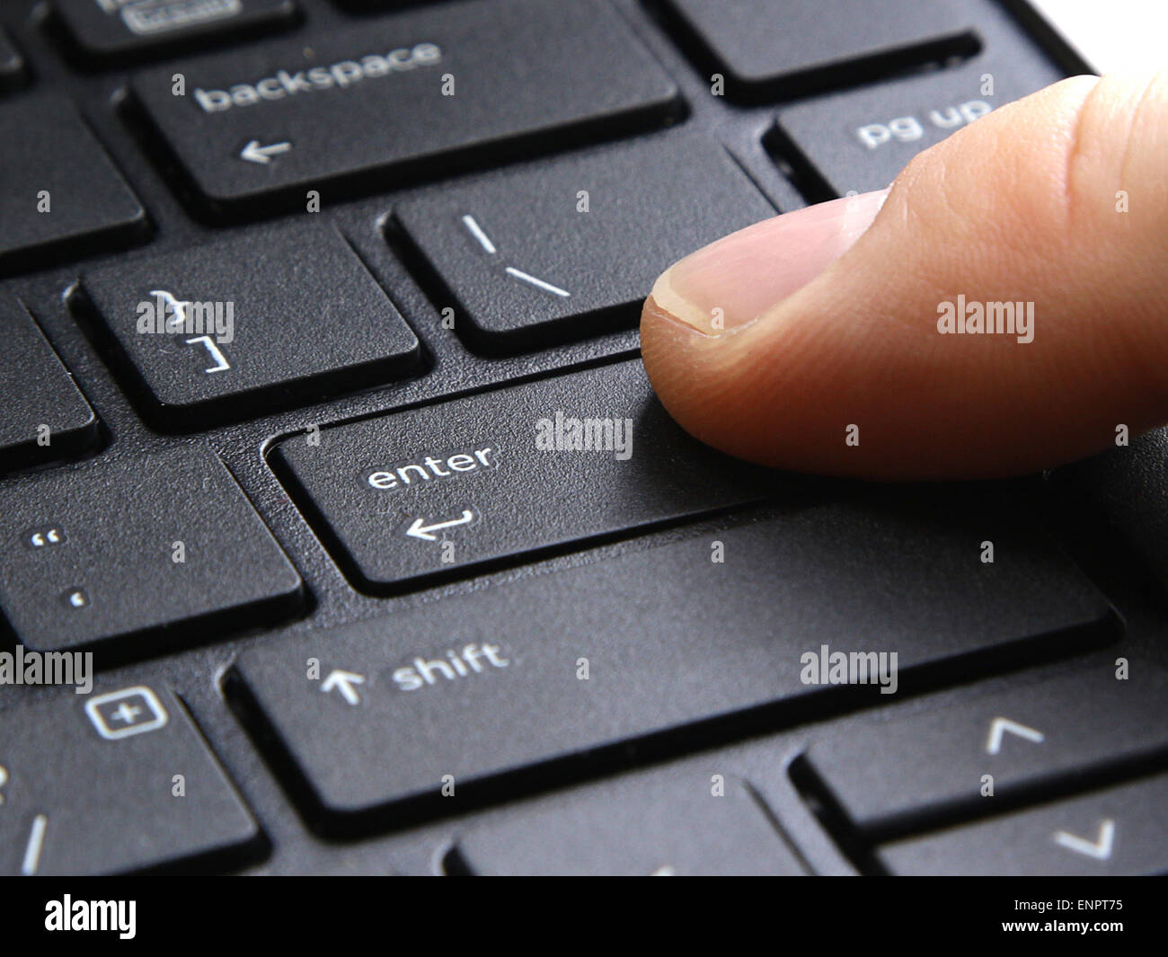 computer enter key with finger pressing button on white background ...