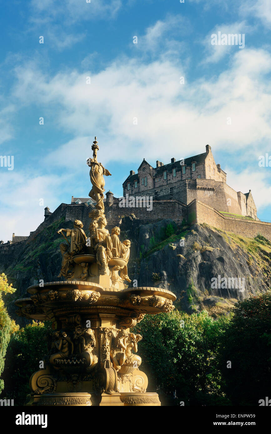 Edinburgh castle with fountain as the famous city landmark. United ...