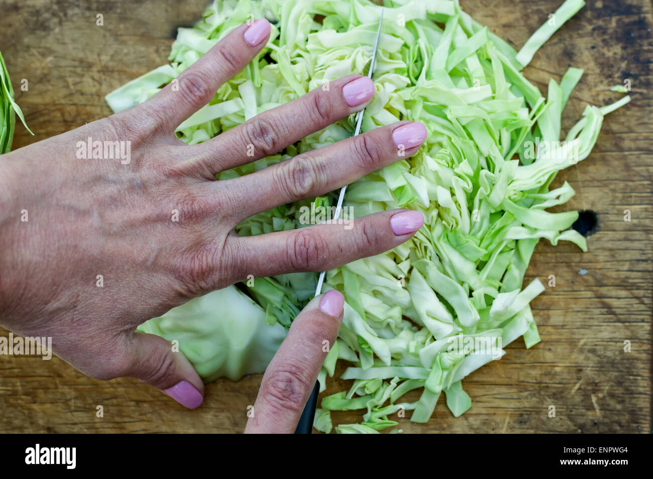 Hands chopping cabbage Stock Photo - Alamy