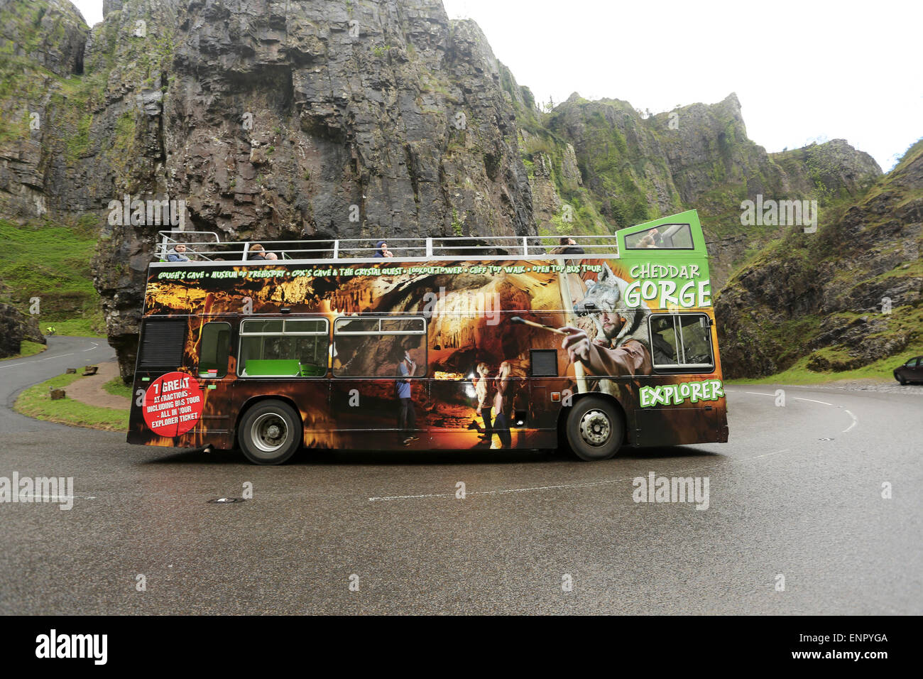 Open top tourist bus in Cheddar Gorge, Somerset. 3rd May 2015 Stock ...
