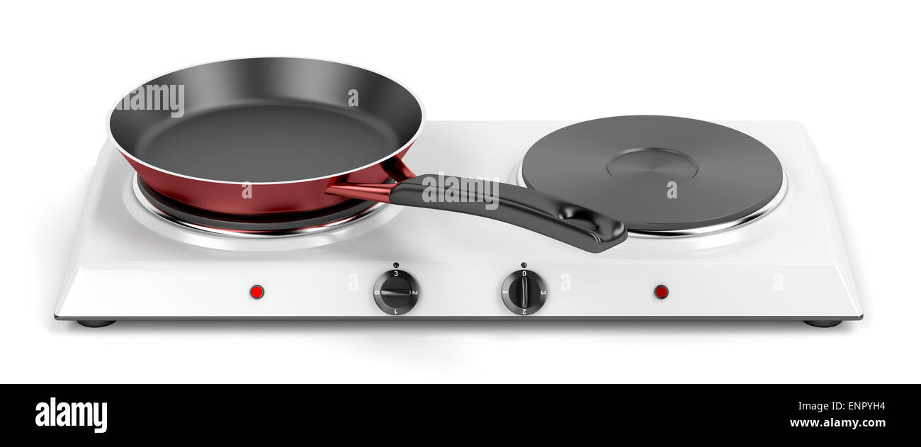 Double hot plate and frying pan on white background Stock Photo - Alamy