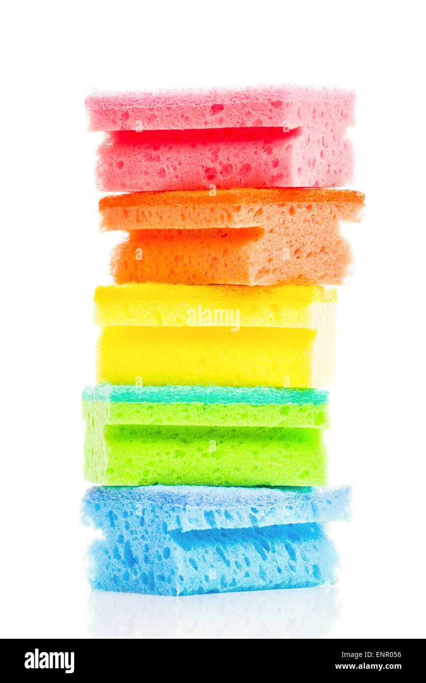 Stack of Colorful Cleaning Sponges on White Background with Reflection ...