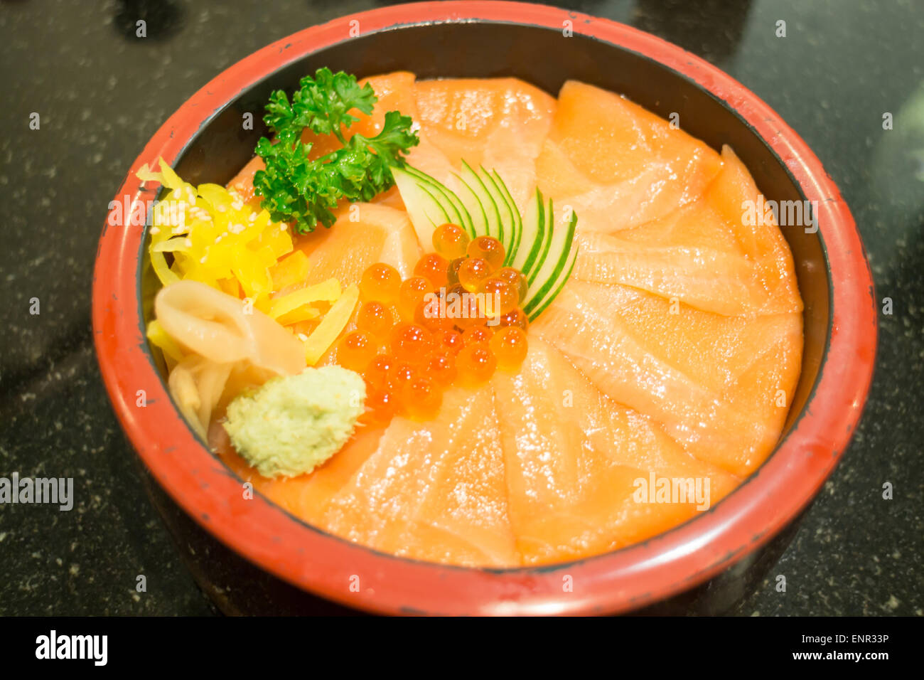 Japanese rice box with salmon sashimi, stock photo Stock Photo - Alamy