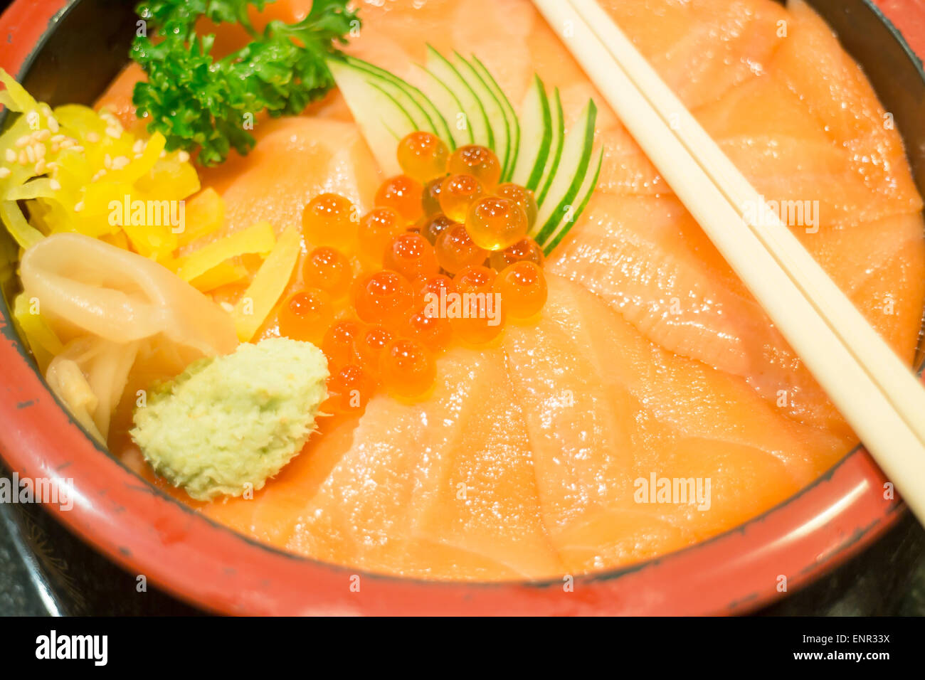 Japanese rice box with salmon sashimi, stock photo Stock Photo - Alamy