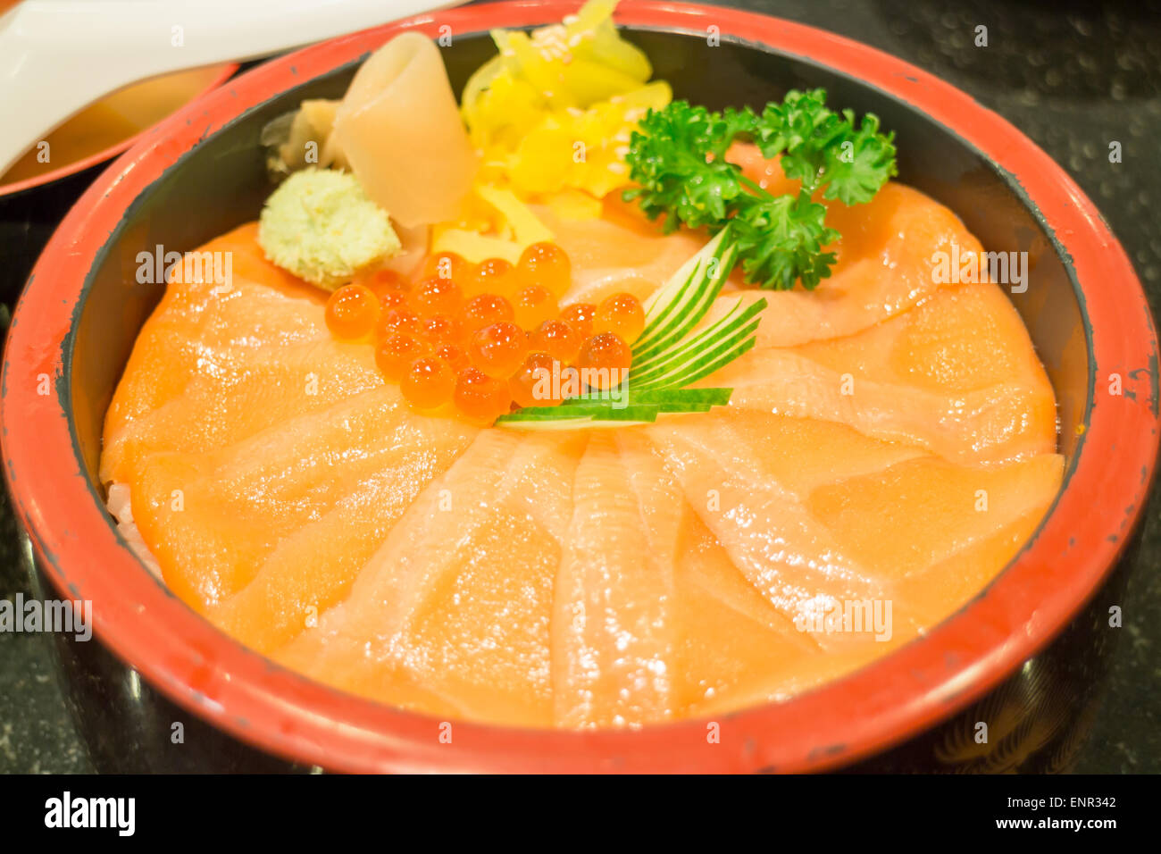 Japanese rice box with salmon sashimi, stock photo Stock Photo - Alamy