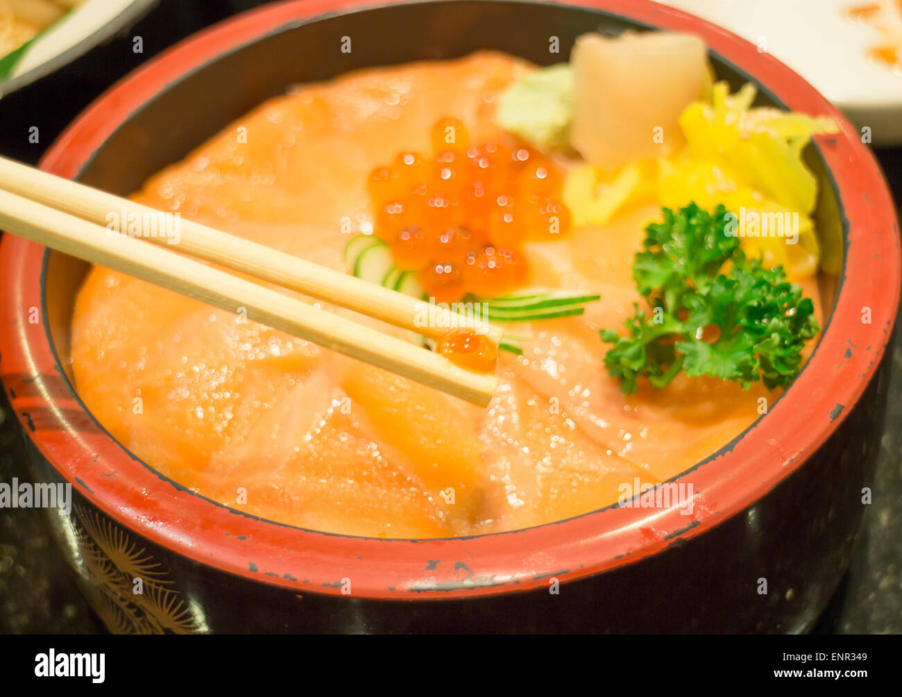 Japanese rice box with salmon sashimi, stock photo Stock Photo - Alamy