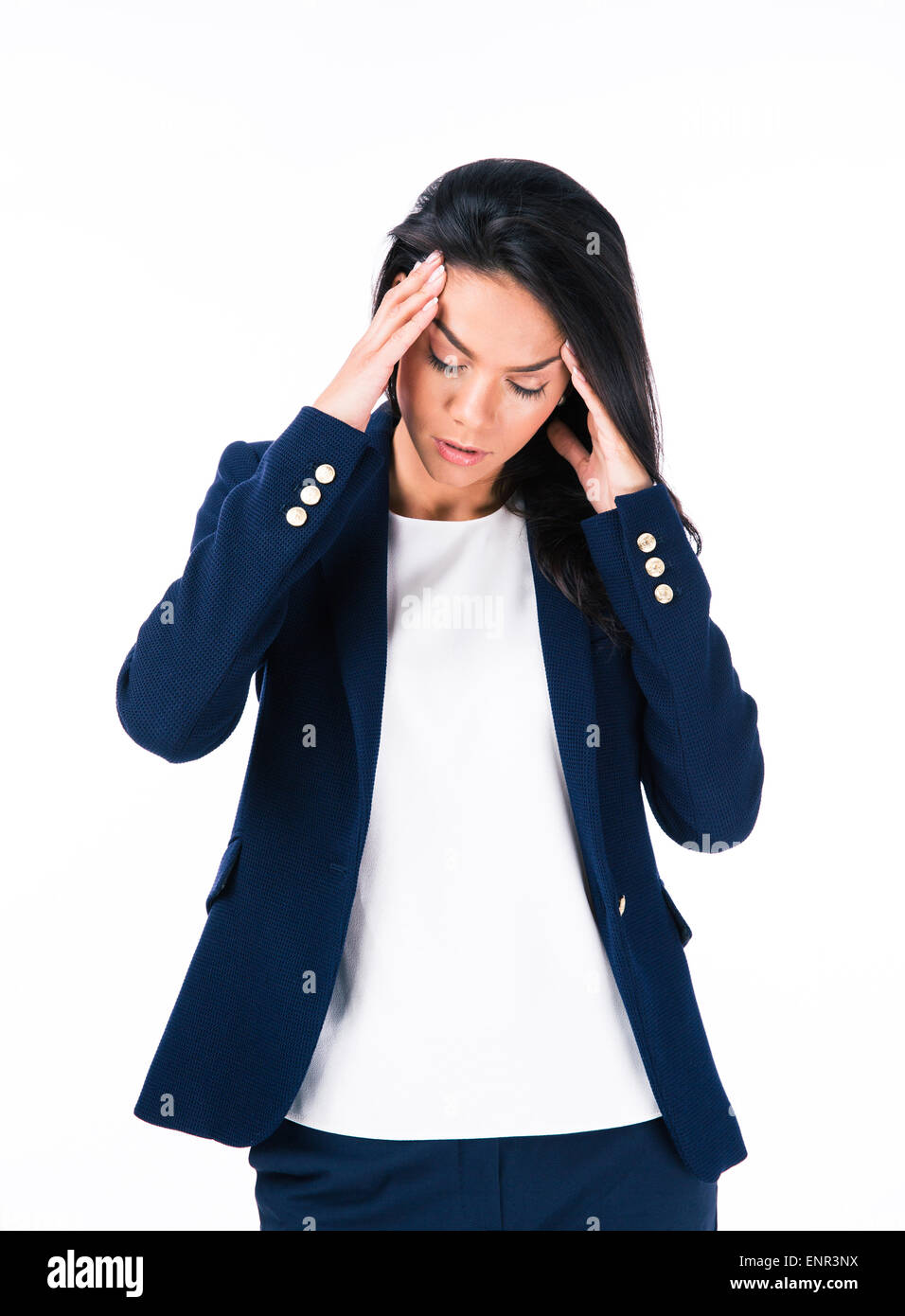 Portrait of a businesswoman with headache isolated on a white ...
