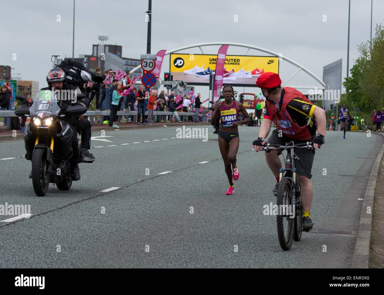 Manchester, UK. 10th May, 2015. Betsy Saina (Kenya) leads the elite ...