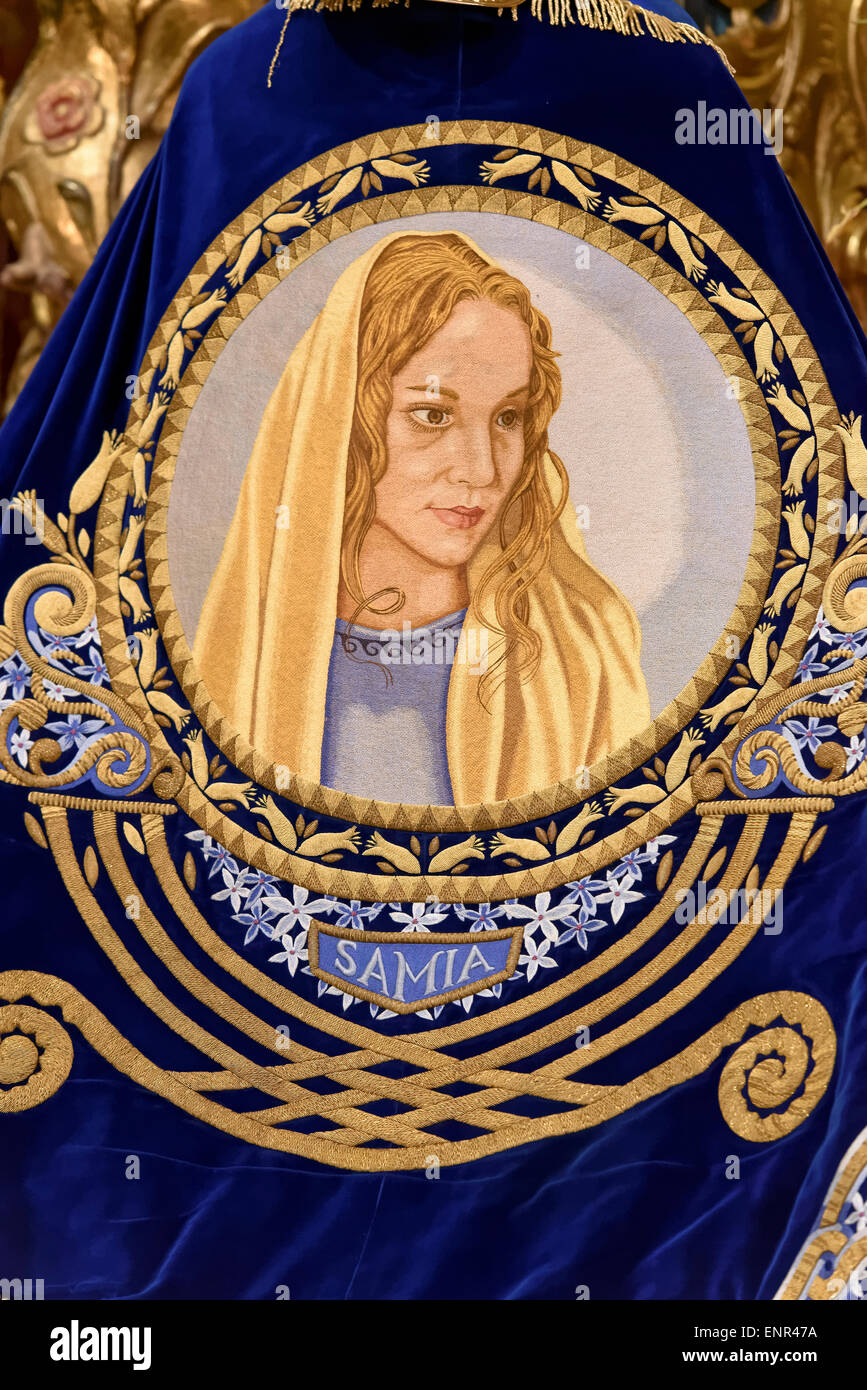 Penitent cloak, brotherhood Paso Azul in church San Francisco at Semana ...