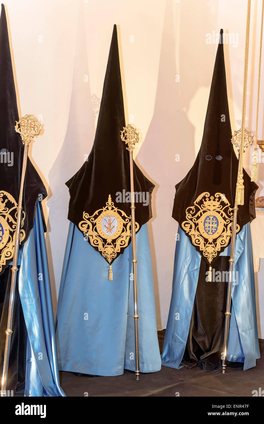 Penitent cloak, brotherhood Paso Azul in church San Francisco at Semana ...