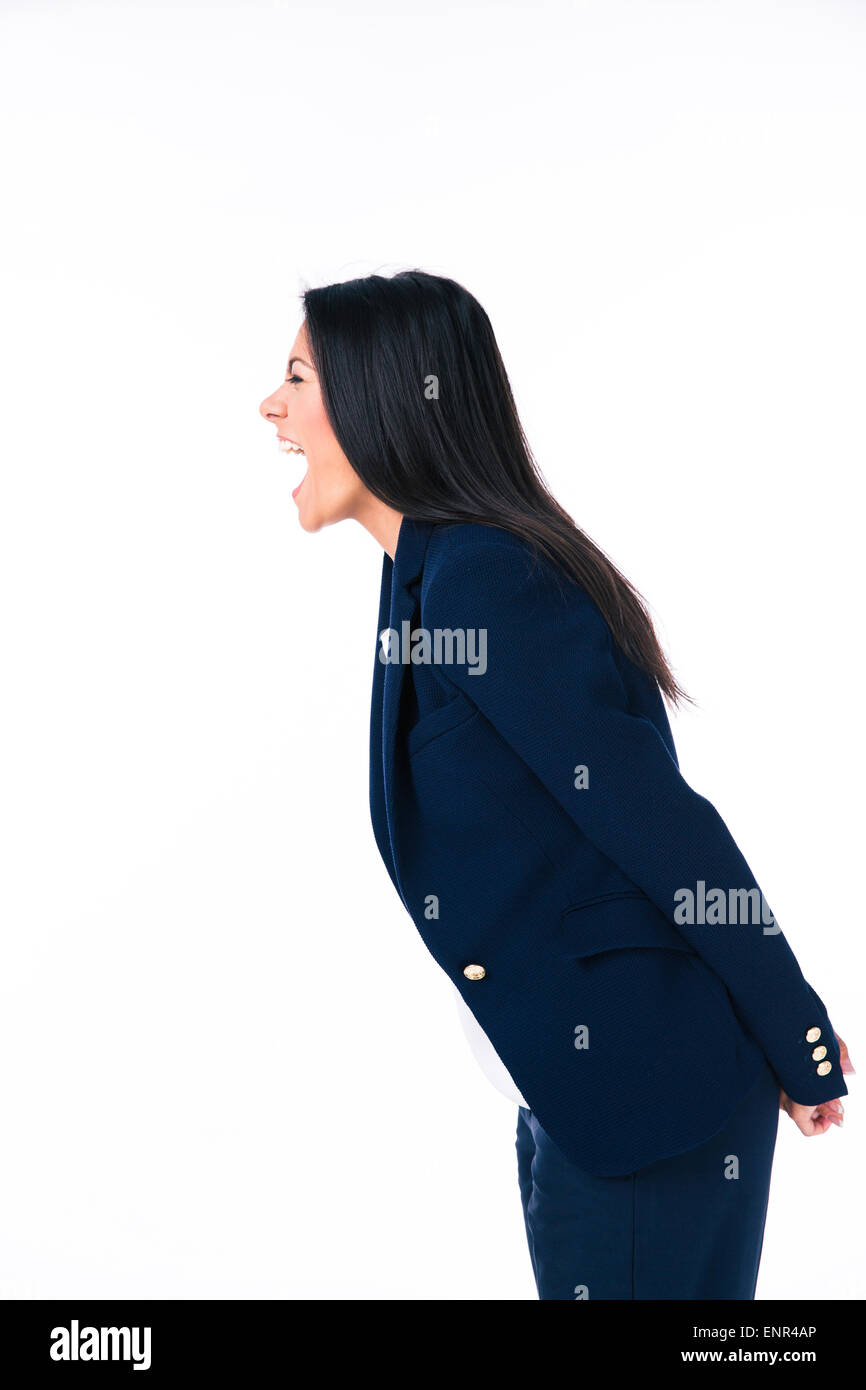 Side view portrait of a businesswoman screaming over white background ...
