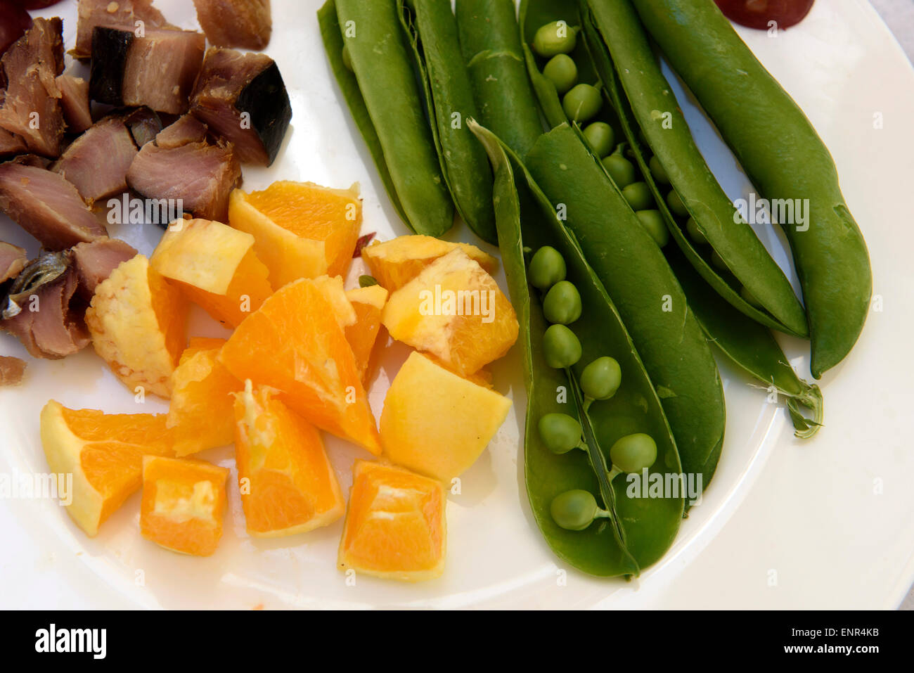 Tapas with fruits, peas and smoked fish, province Murcia, Spain Stock ...