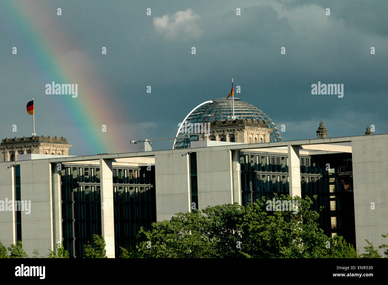 MAY 2006 - BERLIN: rainbow over the cupola of the Reichstags building ...